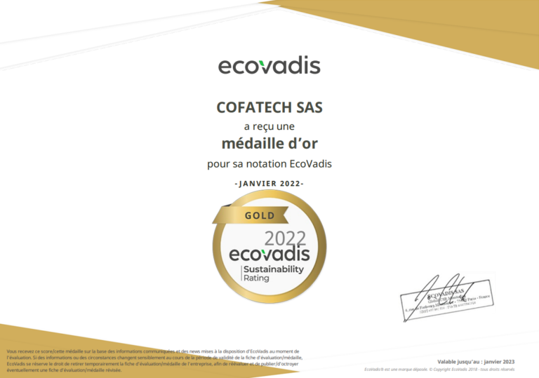 Médaille d'or Ecovadis 2022 - Cofatech